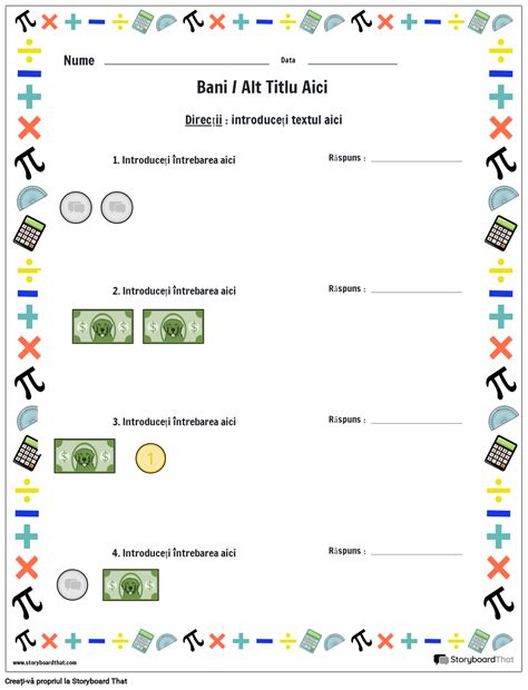 Fișă De Lucru Cu Bani Cu Chenar Matematic Storyboard