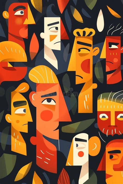 Colorful Abstract Faces Pattern With Various Expressions And Geometric