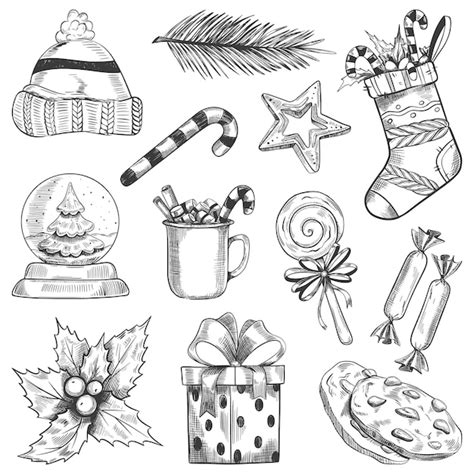 Ensemble Déléments De Noël Style De Croquis Vecteur Premium