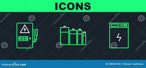 Set Line Power Bank Electrical Panel And Battery Icon Vector Stock Vector Illustration Of