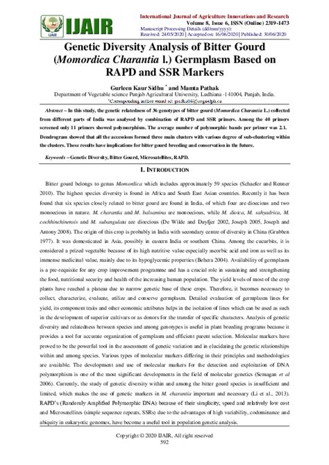 Pdf Genetic Diversity Analysis Of Bitter Gourd Momordica Charantia L Germplasm Based On