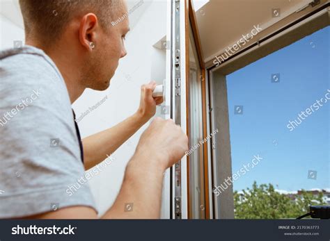 Worker Installing Checking Window House Stock Photo 2170363773
