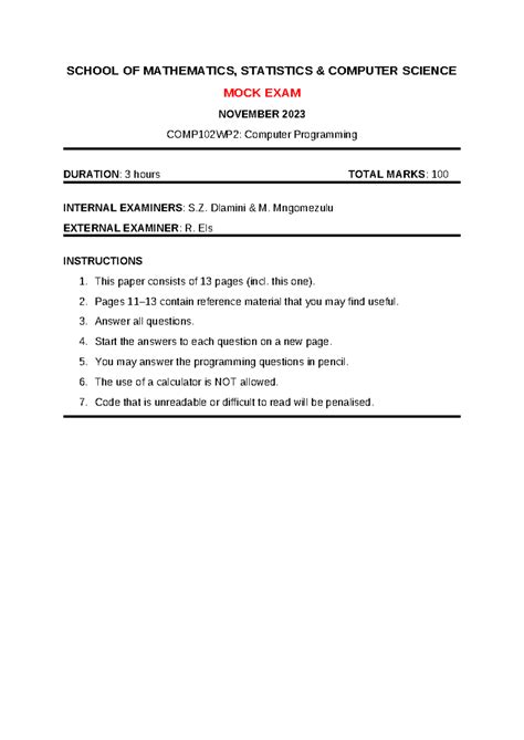 Mock Exam 2023 School Of Mathematics Statistics And Computer Science Mock Exam November 2023