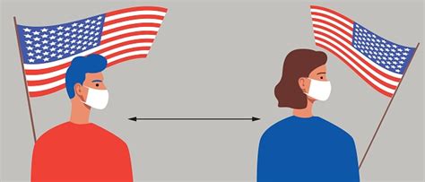 미국 국기를 가진 미국인 미국의 잠금 미국인의 사회적 거리와 얼굴 마스크를 가진 사람들과 플랫 벡터 스톡 일러스트 국가 관광