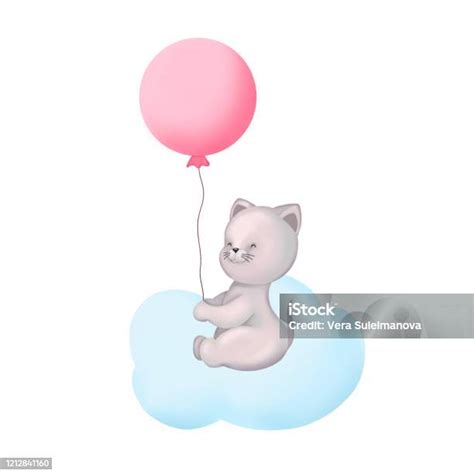 흰색 배경에 귀여운 아이 그림입니다 구름에 앉아 풍선 재미 키티 어린이 직물 의류 및 아기를위한 항목 생일 또는 베이비 샤워
