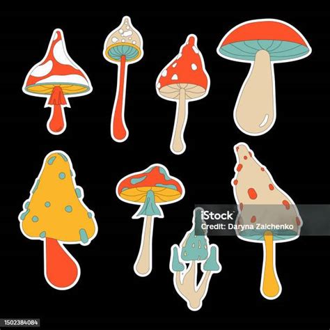 히피 버섯 세트 70년대와 80년대 스타일의 여름 사이키델릭 엘레멘스트 강렬하고 밝은 색상에 대한 스톡 벡터 아트 및 기타