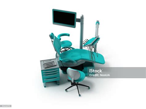 치과 자는 흰색 바탕에 머리 맡 테이블 및의 자 3d 렌더링으로 악기와 함께 블루의 개념 0명에 대한 스톡 사진 및 기타 이미지