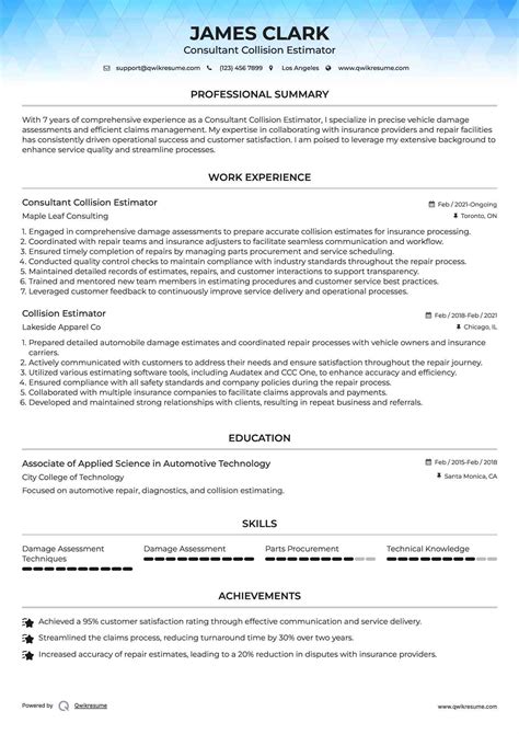 10 Collision Estimator Resume Samples And Templates For 2025