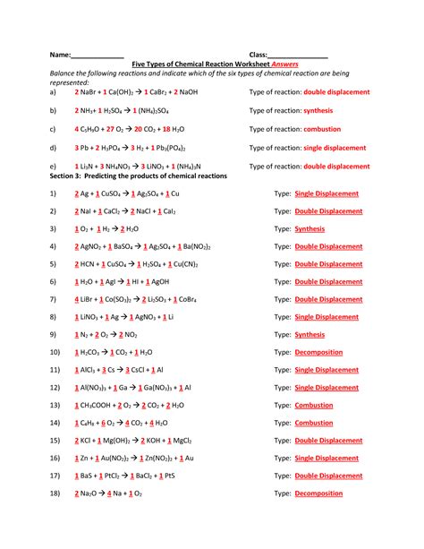 5 Types Of Chemical Rxn Worksheet Key Name Class Five Types Of