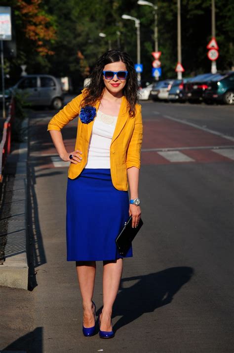 Miss Green Mustard And Cobalt Blue Again Blue Skirt Outfits Blue