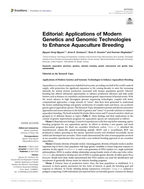 Pdf Editorial Applications Of Modern Genetics And Genomic Technologies To Enhance Aquaculture