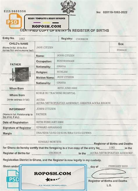 Ghana Birth Certificate Template In Psd Format Fully Editable Roposh