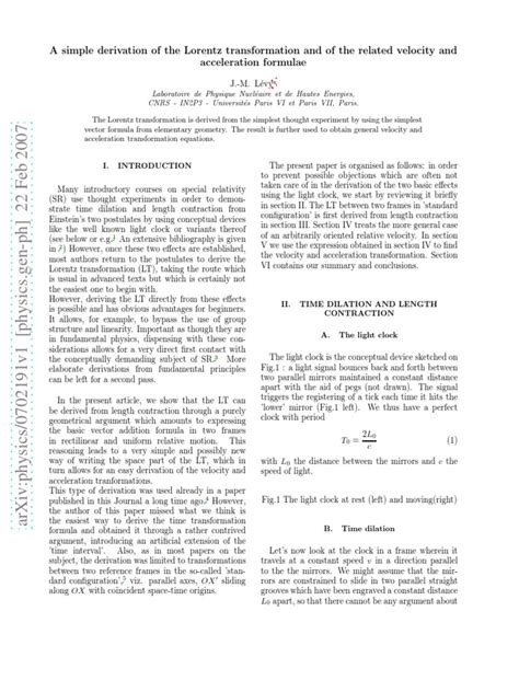 A Simple Derivation Of The Lorentz Transformation Pdf Acceleration Euclidean Vector
