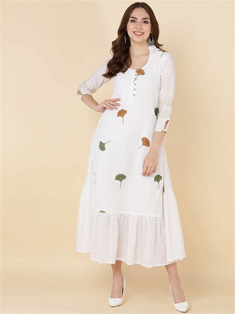 Buy Hereandnow Women White Floral Printed Cotton A Line Maxi Ethnic Dress