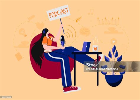 테이블 플랫 벡터 그림이있는 라디오 호스트입니다 팟 캐스트 개념입니다 미디어 호스팅 스튜디오에서 팟 캐스트를 녹음 헤드폰여자 팟