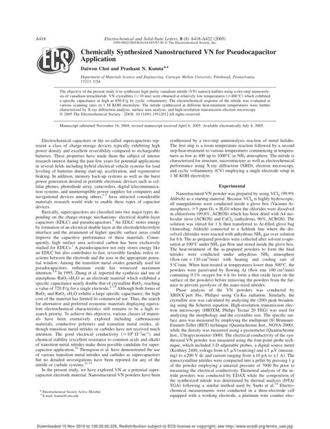 Pdf Chemically Synthesized Nanostructured Vn For Pseudocapacitor