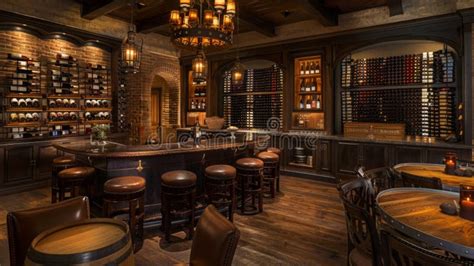 Cozy Evening Inside Rustic Wine Cellar Bar With Wooden Furnishings