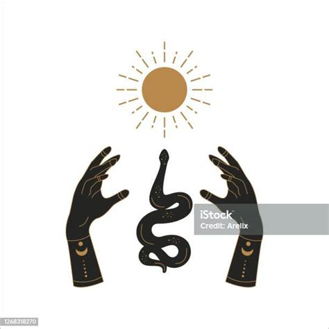 博霍塗鴉神秘範本手繪深奧的魔法手與蛇和太陽簡單的女性標誌設計向量插圖向量圖形及更多做手勢圖片 做手勢 商標 布波族 Istock