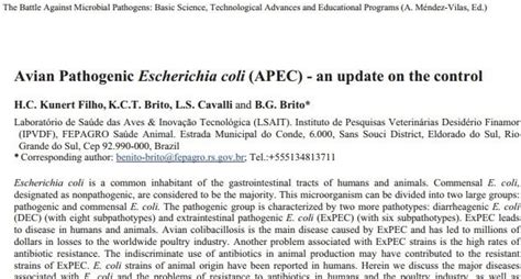 Avian Pathogenic Escherichia Coli Apec An Update On The Control