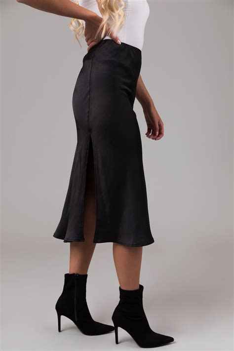 Black Side Slit Satin Midi Skirt Lime Lush Boutique