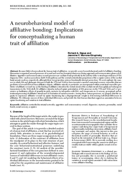 Pdf A Neurobehavioral Model Of Affiliative Bonding Implications For