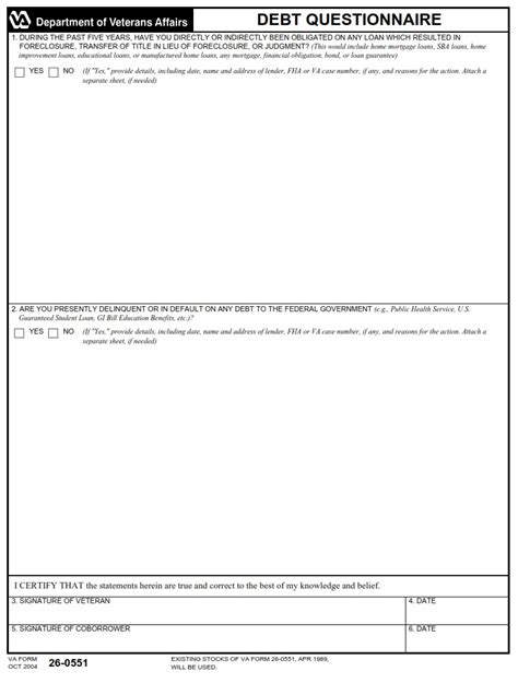 Va Form 26 0551 Debt Questionnaire Va Forms