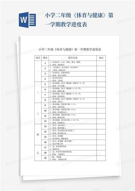 小学二年级《体育与健康》第一学期教学进度表word模板下载编号qogpowpe熊猫办公