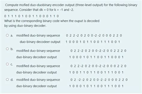 Solved Compute Mofied Duo Duobinary Encoder Output