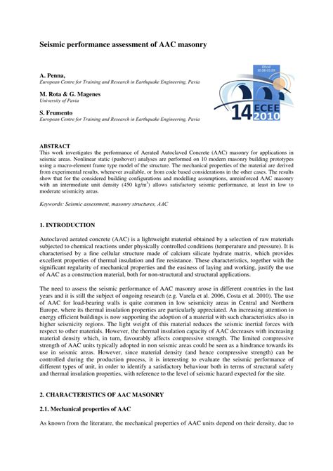 Pdf Seismic Performance Assessment Of Aac Masonry