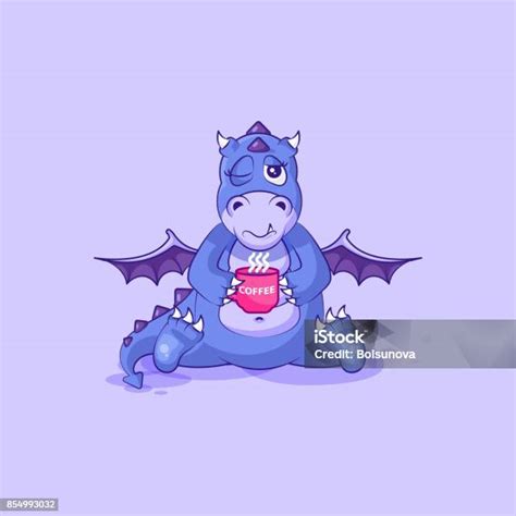 벡터 Emoji 문자 만화 드래곤 공룡 한잔 커피 스티커 이모티콘과 함께 그냥 일어 갈색에 대한 스톡 벡터 아트 및 기타 이미지