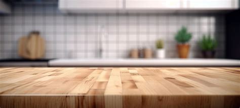 Premium Ai Image Wood Table Top On Blur Kitchen Counter Background