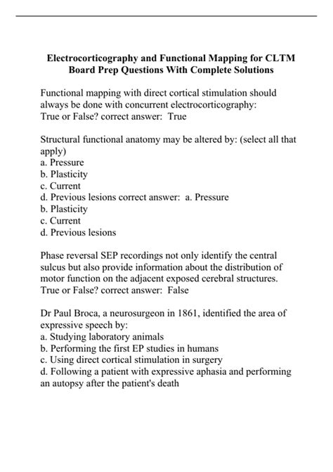 Electrocorticography And Functional Mapping For Cltm Board Prep Questions With Complete
