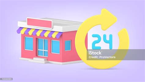 식료품 백화점 쇼핑 구매 상품 24 시간 항상 사용 가능한 3d 아이콘 벡터를 엽니 다 24 시간 영업 표시에 대한 스톡 벡터