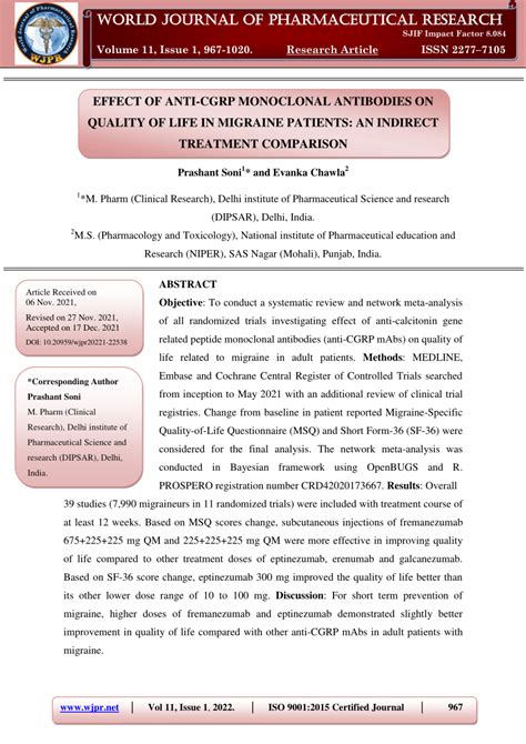 Pdf Effect Of Anti Cgrp Monoclonal Antibodies On Quality Of Life In