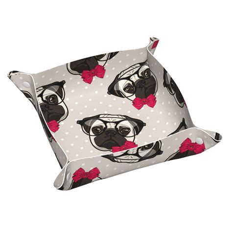 Valet Tray Funny Dog Pug Red Bow Glasses Faux Leather Desk Tray Vanity