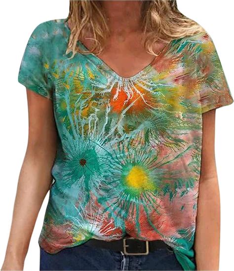 Damen T Shirt Frauen Sommer Kurzarm Bunt V Neck Shirt Löwenzahn Blume