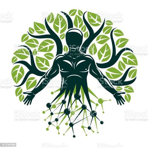 벡터 그래픽 일러스트 레이 션 근육 인간의 와이어 메쉬 연결 만들고 생태 나무 잎 녹색 생각 기술 혁신 생태 보호 개념입니다 개념에 대한 스톡 벡터 아트 및 기타 이미지