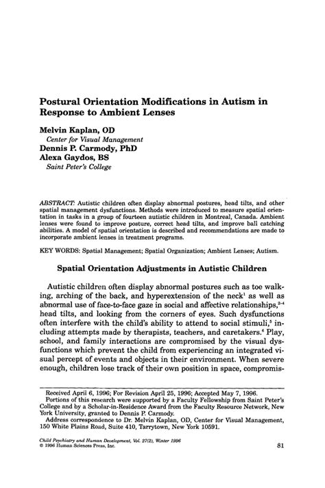 Pdf Postural Orientation Modifications In Autism In Response To Ambient Lenses