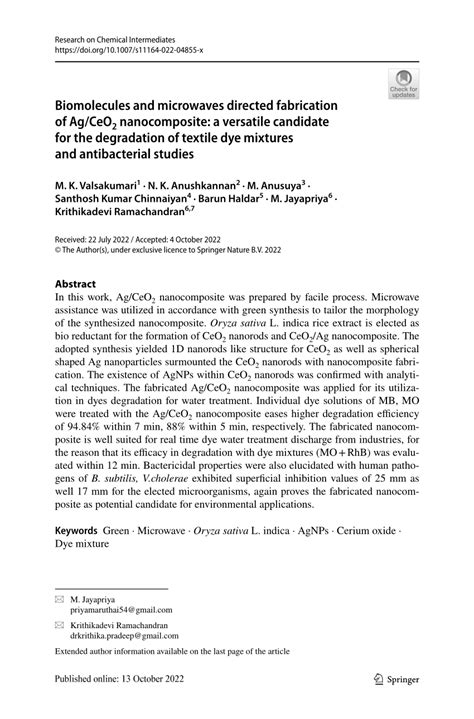 Pdf Biomolecules And Microwaves Directed Fabrication Of Ag Ceo2 Nanocomposite A Versatile