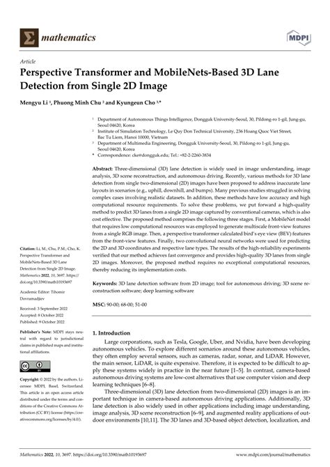 Pdf Perspective Transformer And Mobilenets Based 3d Lane Detection From Single 2d Image