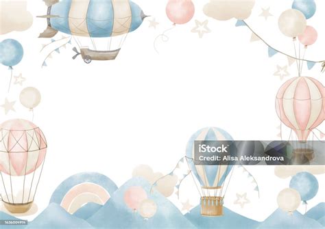 열기 풍선 구름 및 무지개가 있는 프레임에 대한 템플릿입니다 손으로 그린 수채화 그림은 파스텔 톤의 항공기로 인사말 카드나 베이비 샤워 초대장을 하얀 고립된 배경에 넣었다