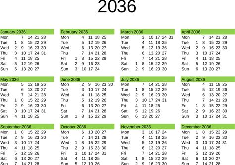 Year 2036 Calendar In English 22819485 Vector Art At Vecteezy