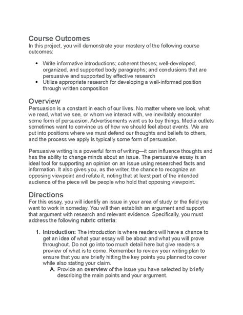 Persuassive Essay Course Outcomes In This Project You Will Demonstrate Your Mastery Of The