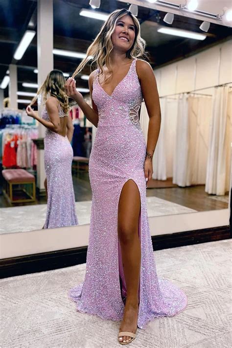Sparkly Mermaid Lilac Sequins V Neck Hollow Out Backless Prom Dress