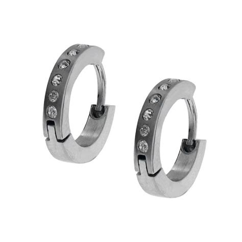 Womens Stainless Steel Huggies Earrings With 2mm Czs Inox Jewelry