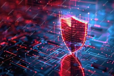 Premium Photo Digital Security Shield With Binary Code And Circuitry On A Dynamic Red And Blue