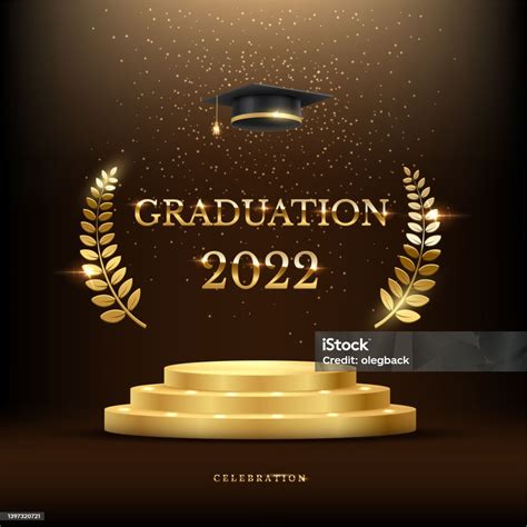 2022 졸업식 배너 학문적 모자 황금 연단 월계수 화환이 어두운 배경에 빛나는 반짝이 아래 수상 개념 졸업식에 대한 스톡 벡터