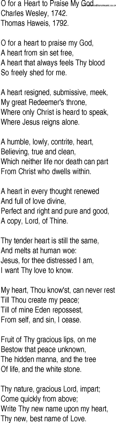 Hymn And Gospel Song Lyrics For O For A Heart To Praise My God By Charles Wesley
