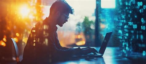 Hacker At Desk Using Laptop With Creative Digital Binary Code Dots