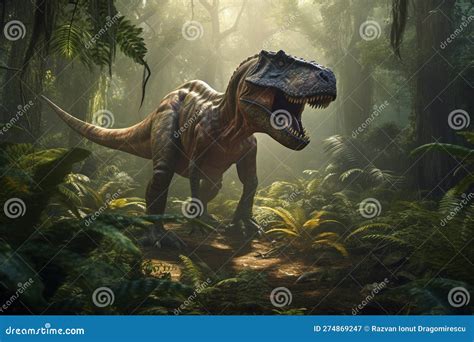T Rex Dinosaur In The Jungle With Its Mouth Open In A Menacing Growl